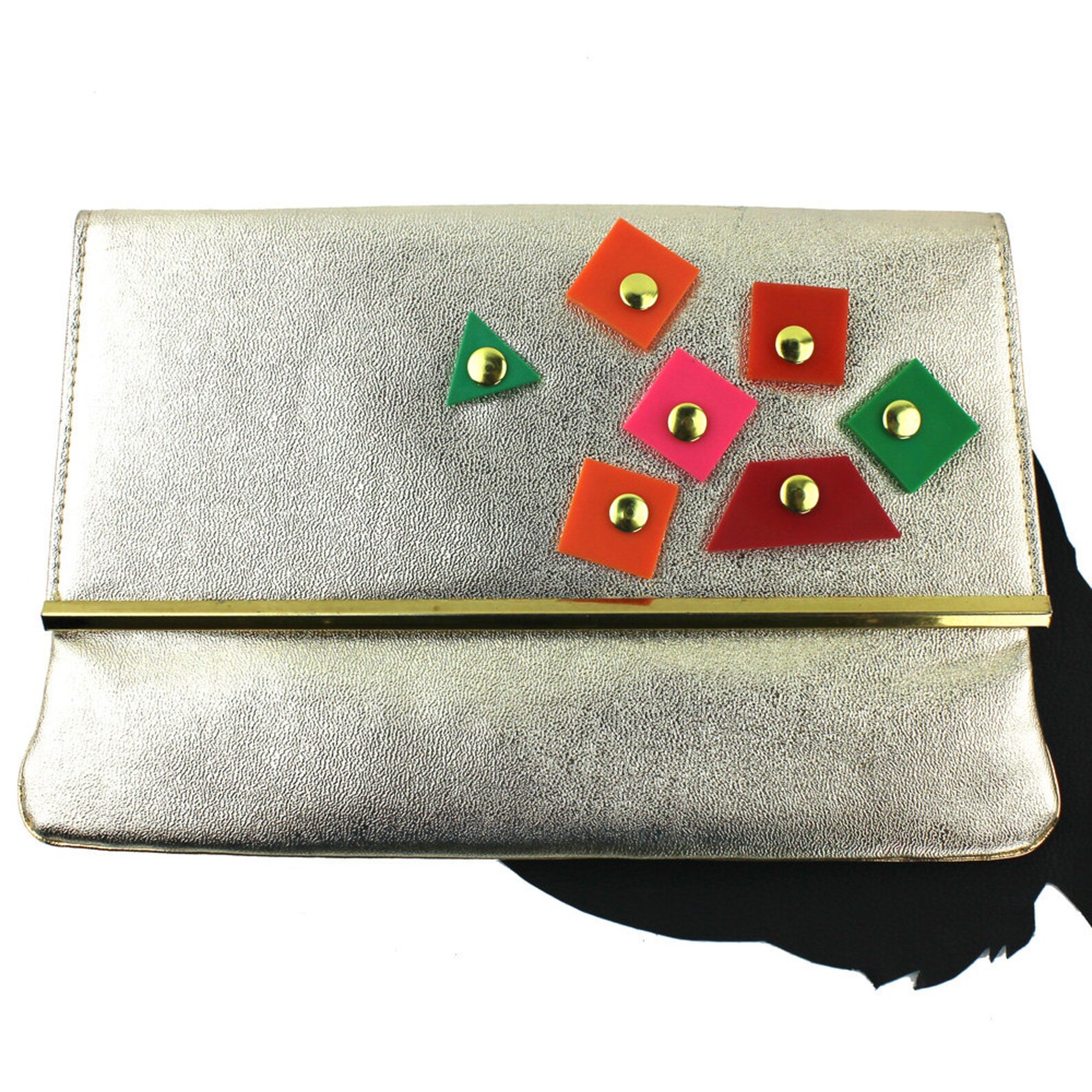 Altered Vintage Gold Vinyl Clutch / Purse With Red Orange Pink & Green ...