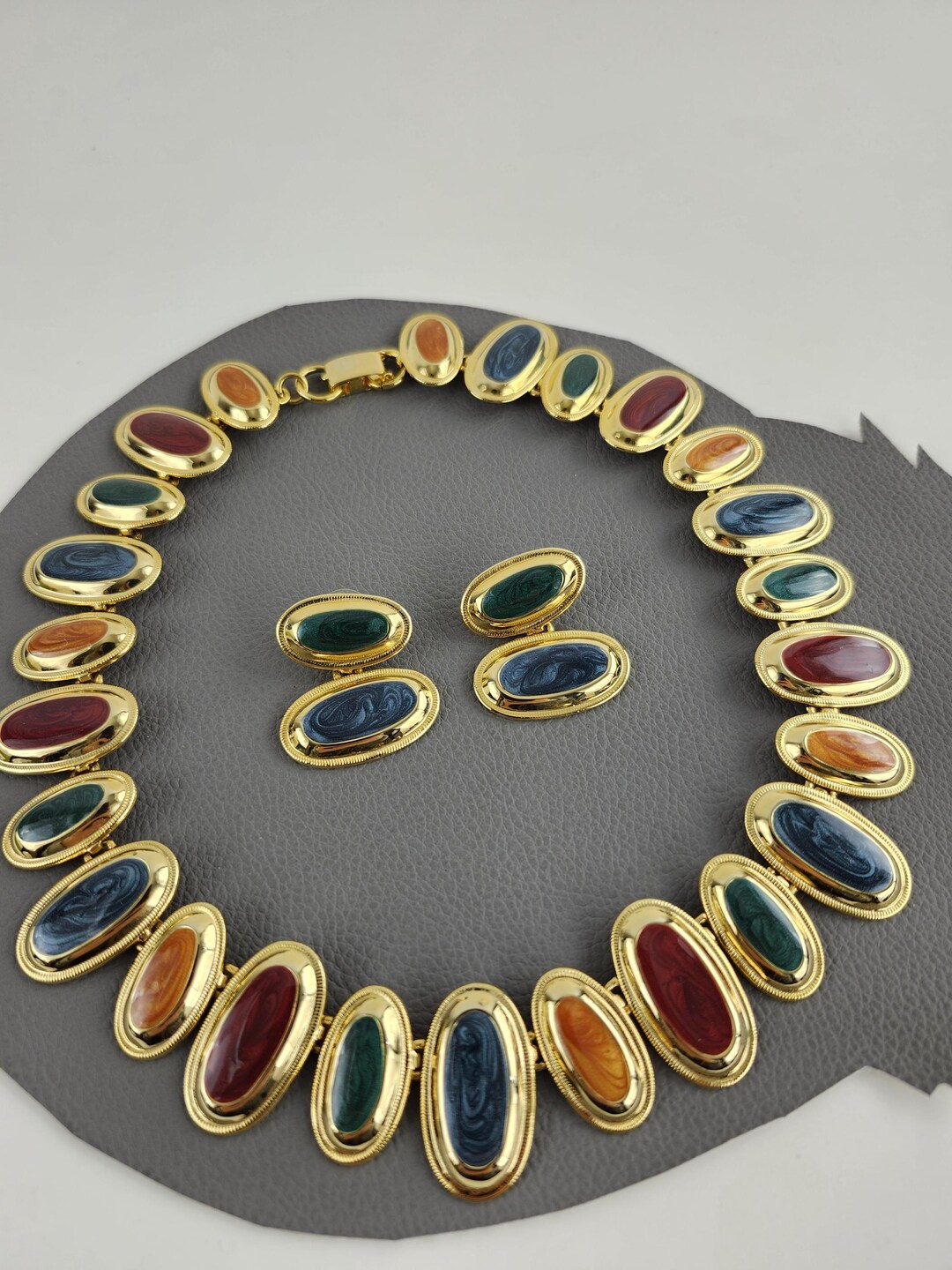 Jewel Tones Enamel & Gold Linked Oval Shapes Necklace and Earrings Set ...