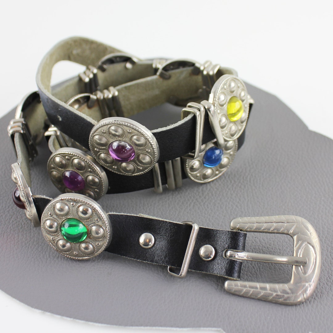 Rainbow Gems & Silver Metal Studded Vintage Black Leather Belt Size 28 ...