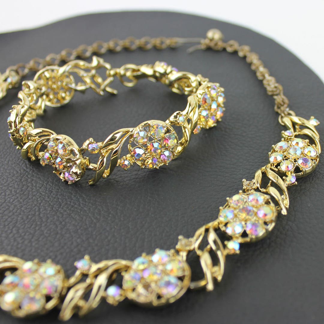 Rainbow Rhinestone & Gold Tone Vintage Necklace and Bracelet Set - Etsy