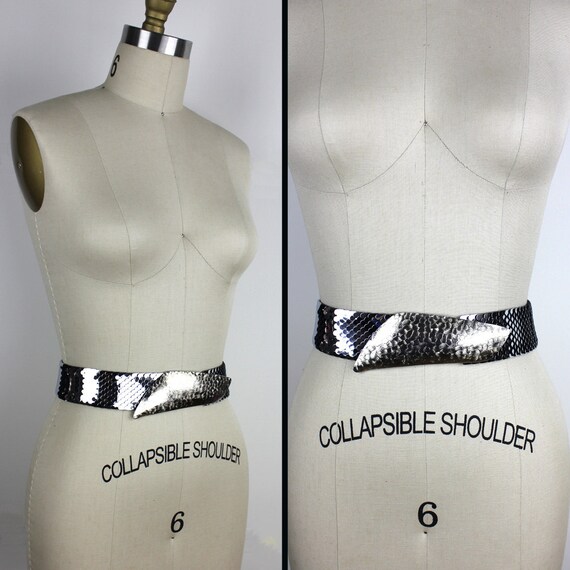 Silver Metal Scale Elastic Belt with Asymmetrical Met… - Gem