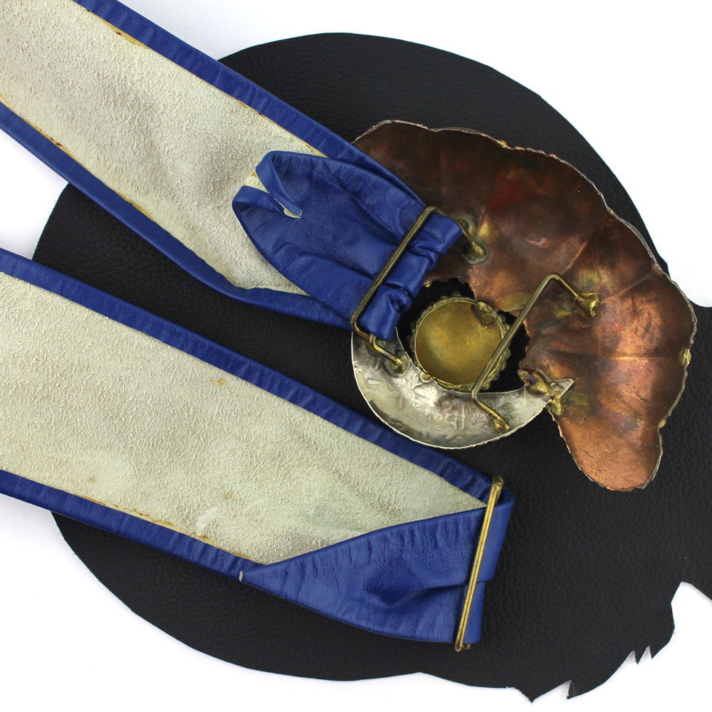 Blue Leather Belt With Abstract Swirl Painted Artisan Buckle Adjustable ...