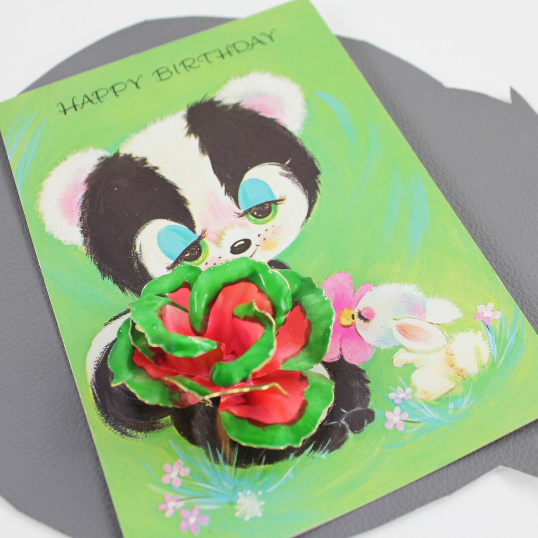 Vintage Skunk Happy Birthday Greeting Card With Vintage Pink & Green ...