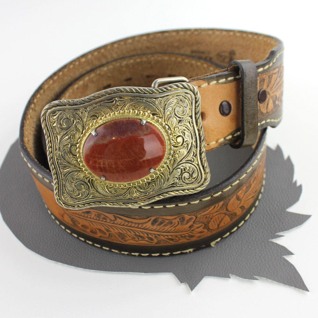 Red Stone Set in Brass Buckle on Tooled Leather Belt Unisex - Size 30 ...