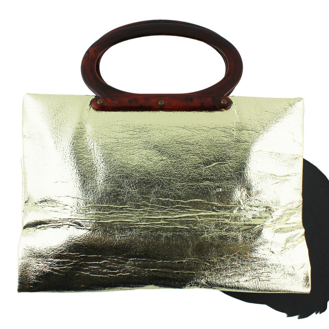 Shiny Gold Vintage Vinyl Expandable Handbag With Plastic Tortoise Shell ...