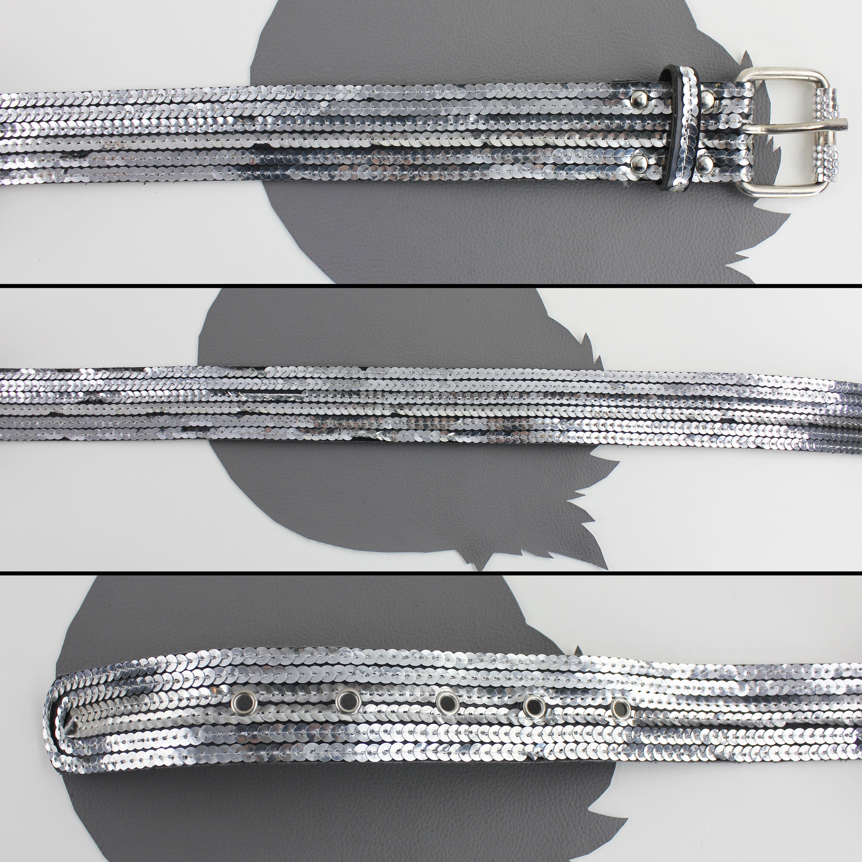Silver Sequin Covered Vinyl Belt With Rhinestone Silver Buckle Size 34/ ...