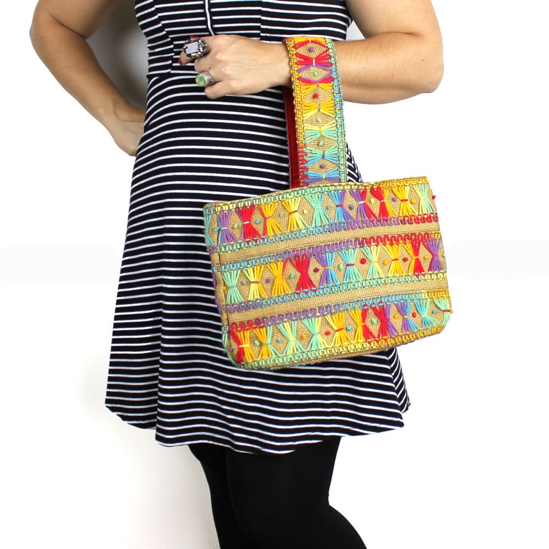 Vintage Rainbow Yarn Woven Pattern on Burlap Tote Handbag - Etsy