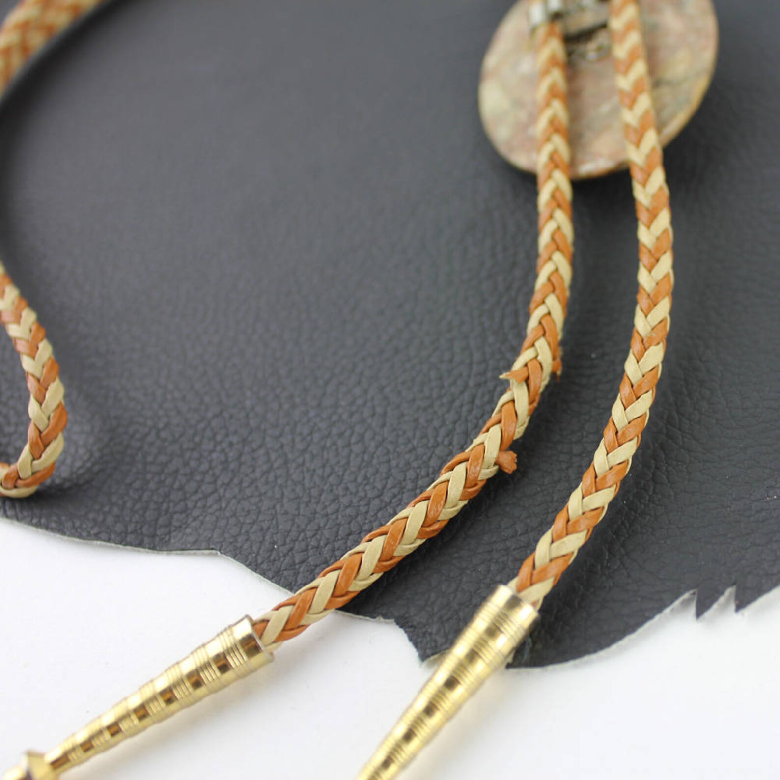 Light Brown & Beige Stone Bolo Tie With Brown and Beige Braided Leather ...