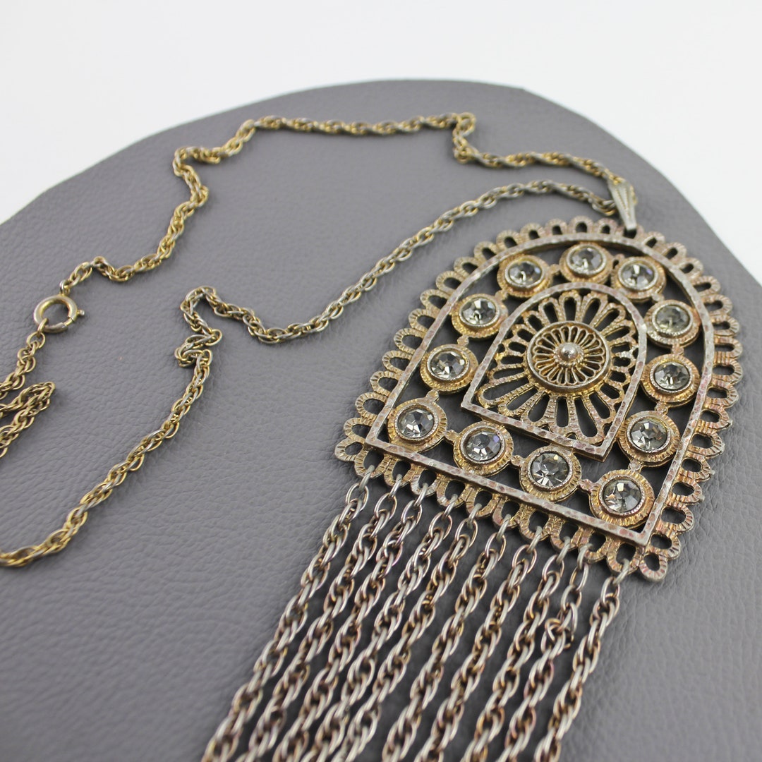 Boho Chain Fringe Rhinestone & Gold Tone Long Statement Necklace - Etsy
