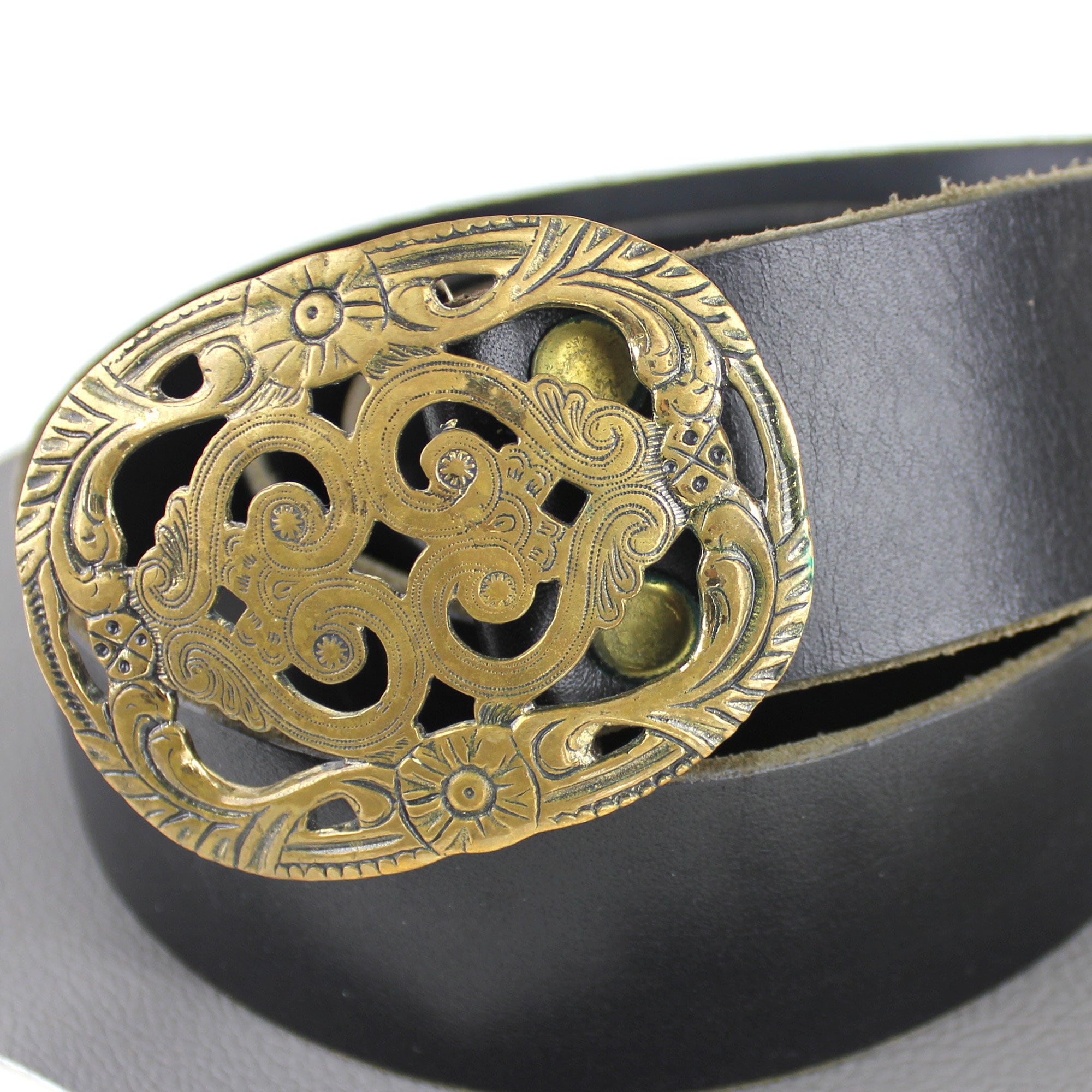 Brass Ornate Scroll Buckle on Black Leather Belt Size US 37 38 39 / Art ...