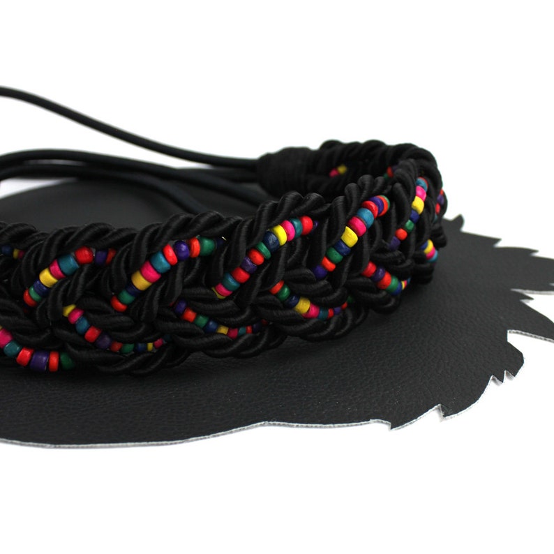 Rainbow Beaded & Black Rope Braided Elastic Vintage Belt 28 - Etsy