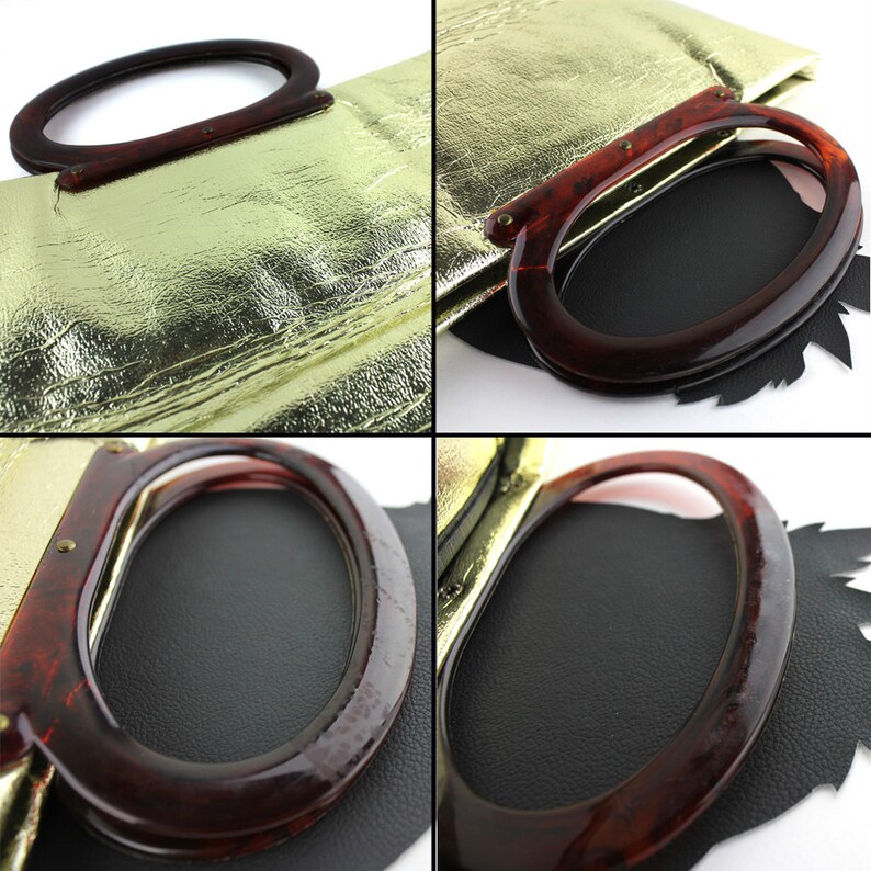 Shiny Gold Vintage Vinyl Expandable Handbag With Plastic Tortoise Shell ...