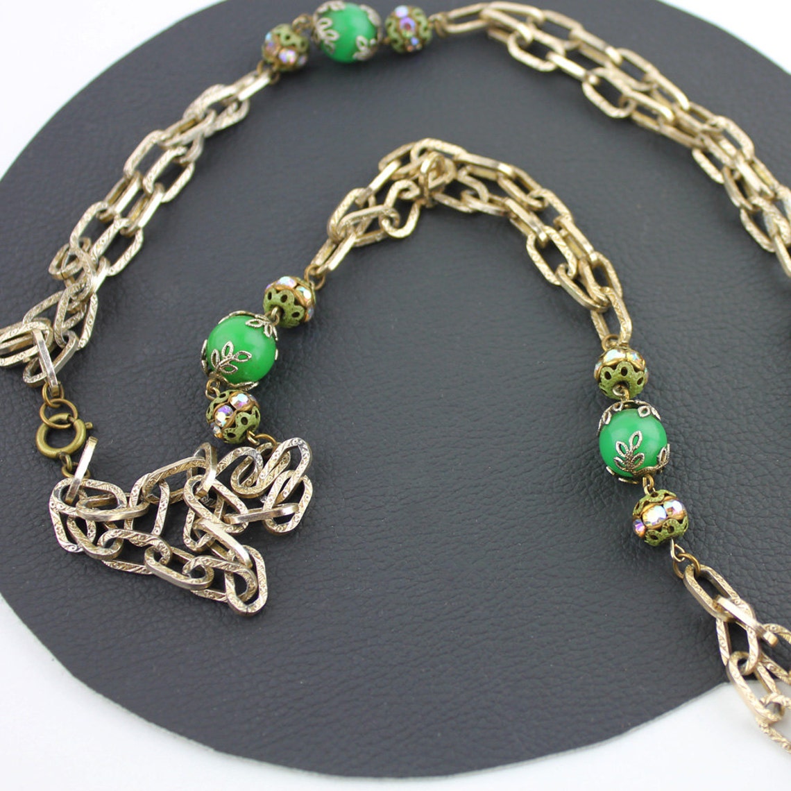 Vintage Green Beaded Rhinestone & Gold Chain Long Necklace - Etsy