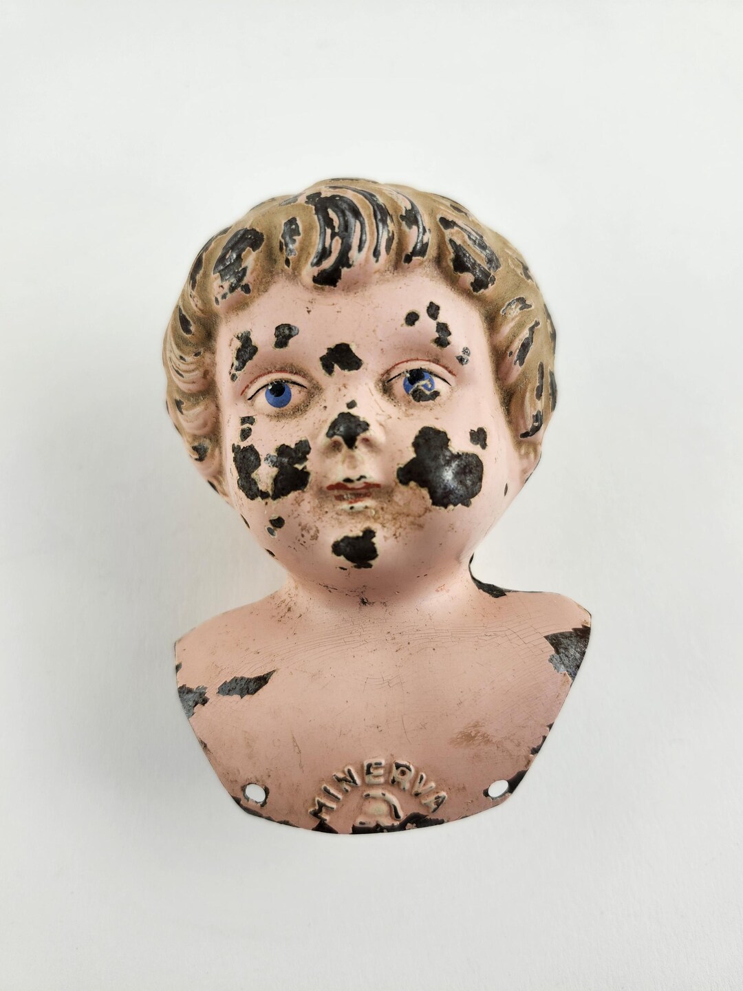 Antique Painted Metal Doll Head / Minerva Germany 3 / White Skin Yellow ...