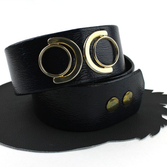 Navy & Brass Patent Leather Vinyl Belt - Gem