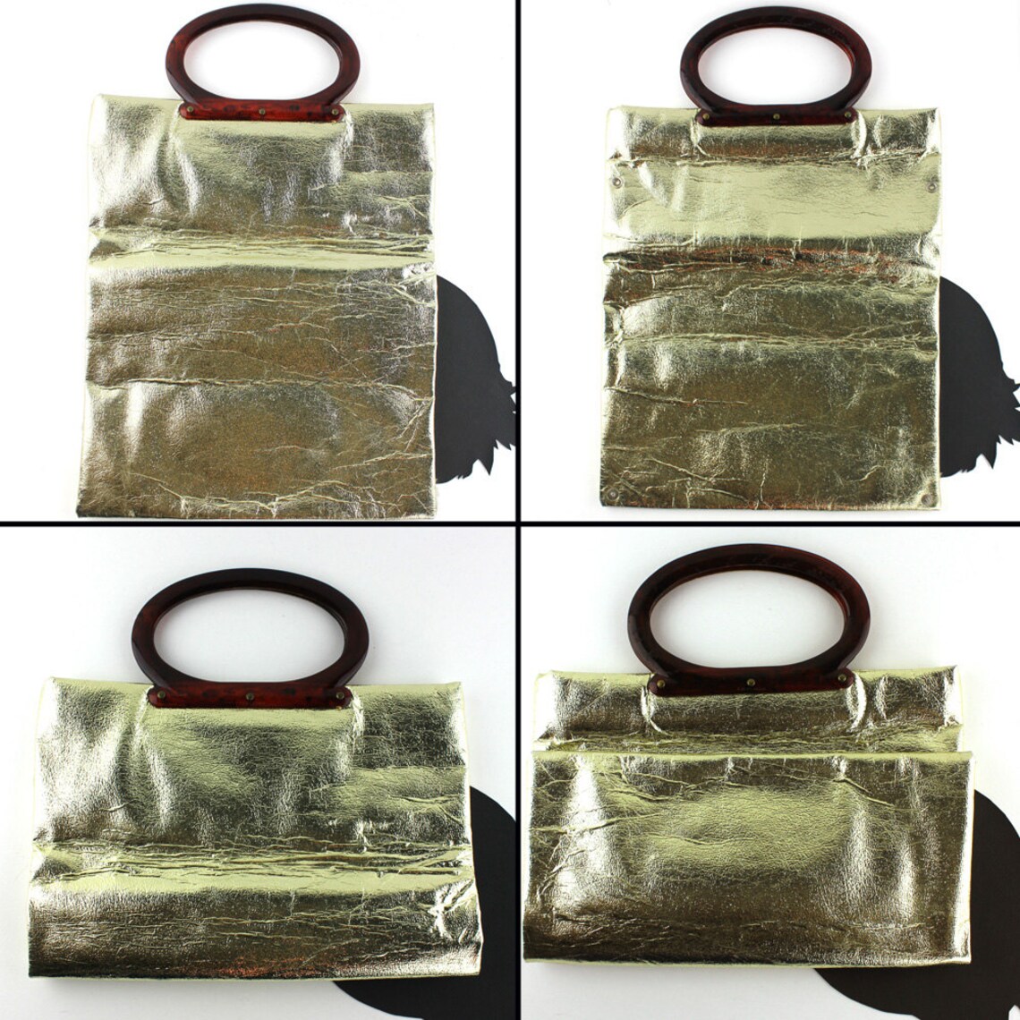 Shiny Gold Vintage Vinyl Expandable Handbag With Plastic Tortoise Shell ...