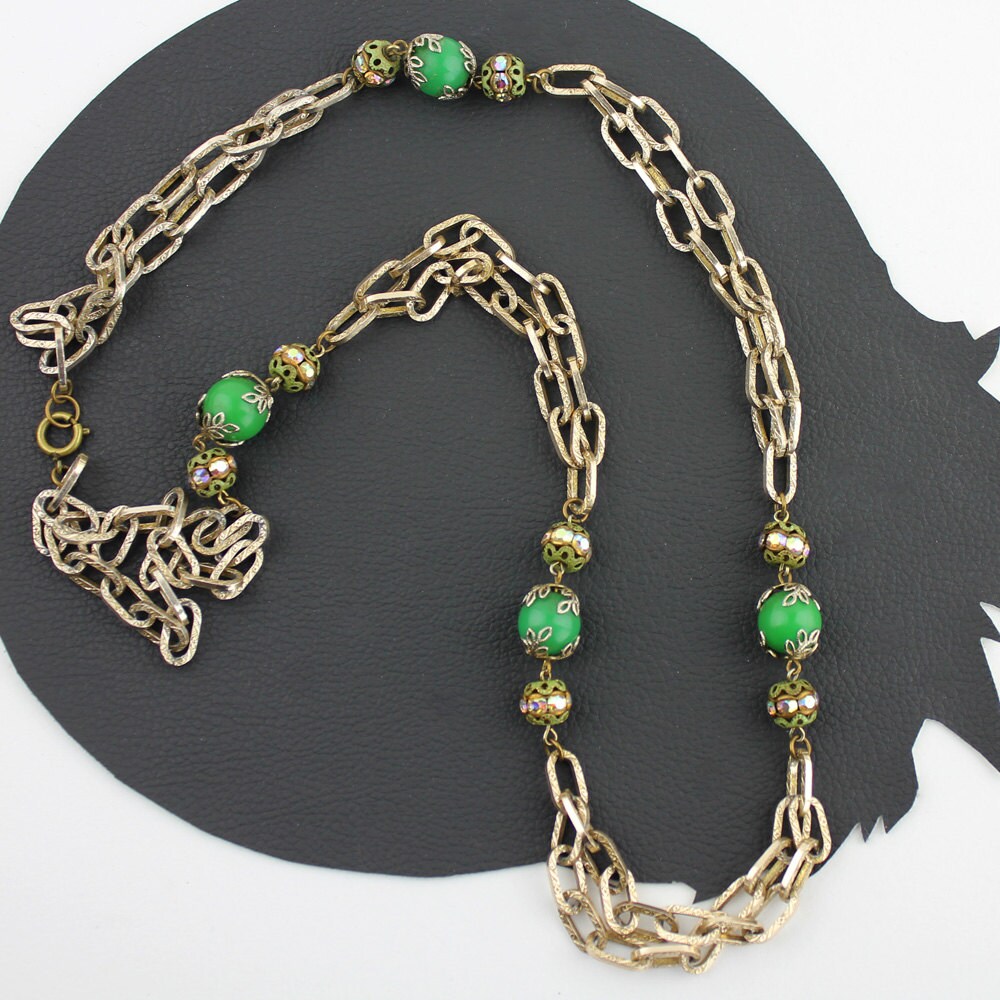 Vintage Green Beaded Rhinestone & Gold Chain Long Necklace - Etsy