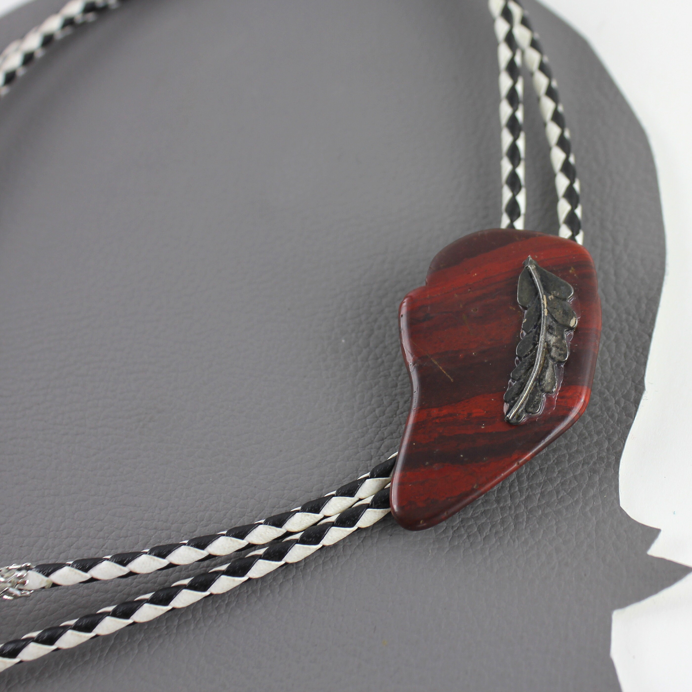 Silver Feather on Red Stone Bolo Tie / Black White Leather Cord Bolo ...