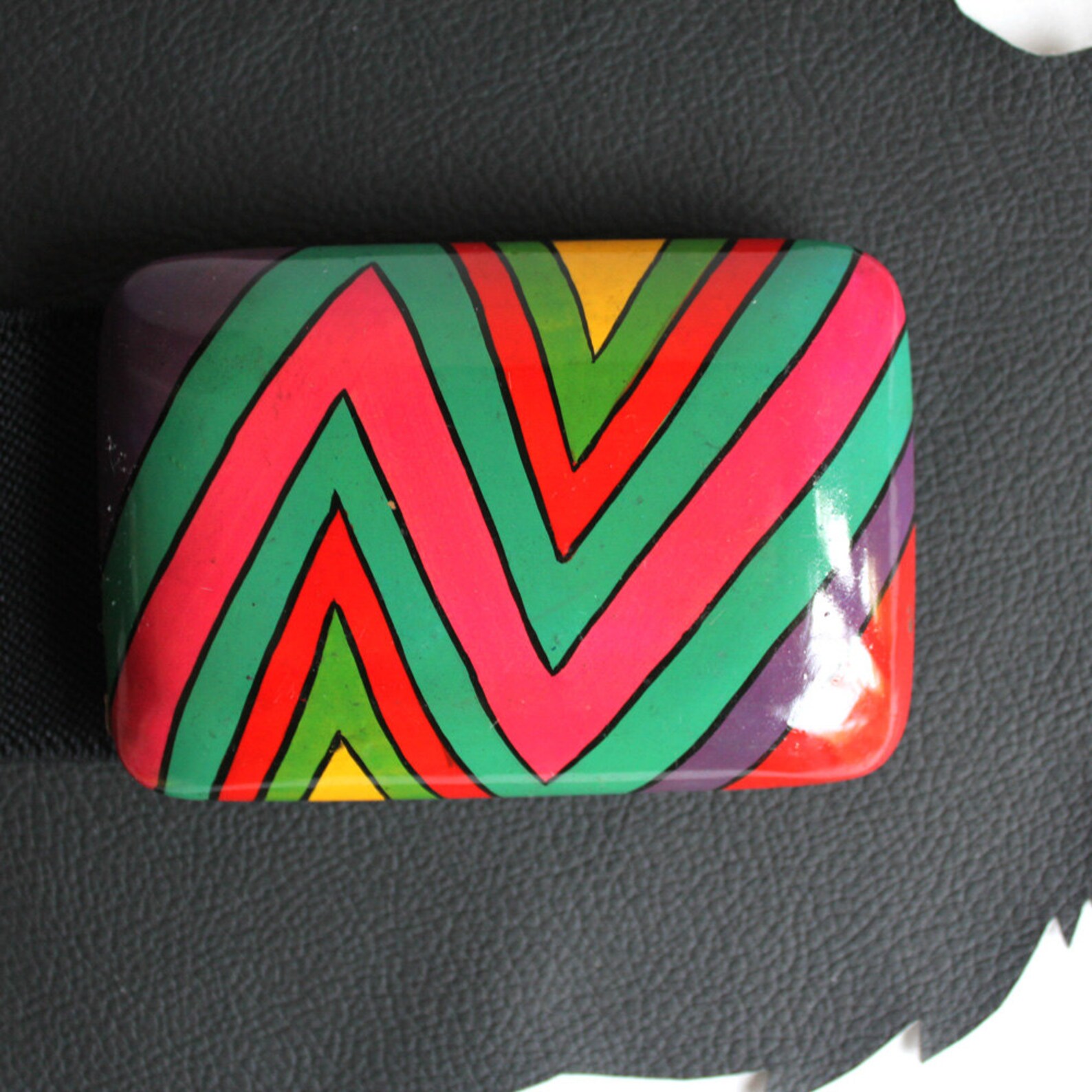Vintage Rainbow Zigzag Painted Buckle on Black Elastic Belt - Etsy