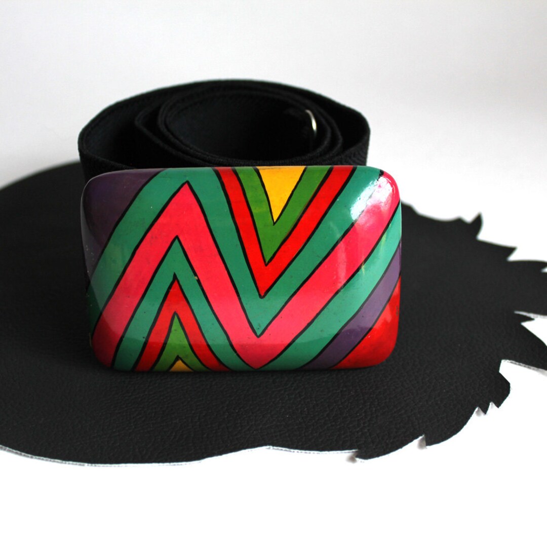 Vintage Rainbow Zigzag Painted Buckle on Black Elastic Belt - Etsy