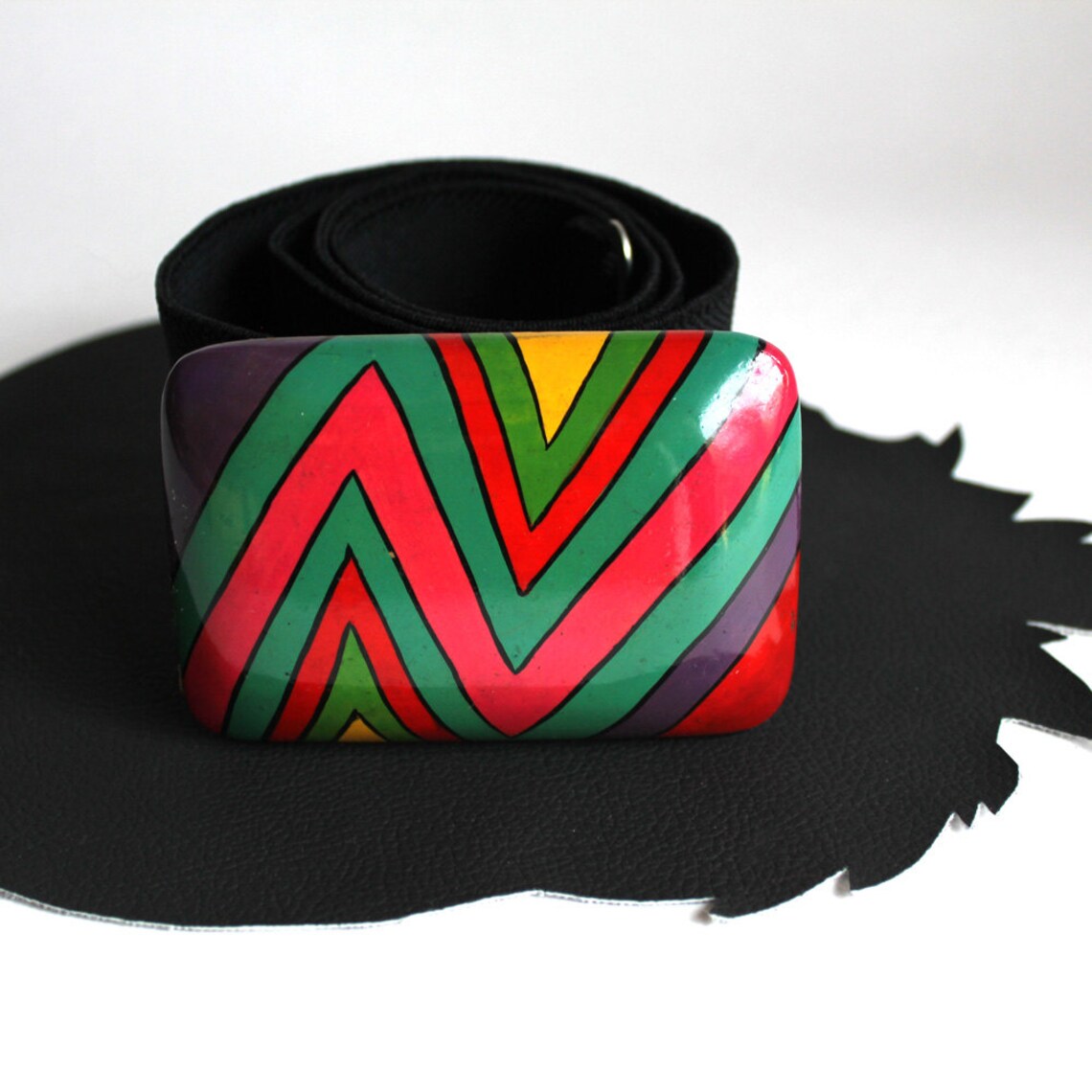 Vintage Rainbow Zigzag Painted Buckle on Black Elastic Belt - Etsy