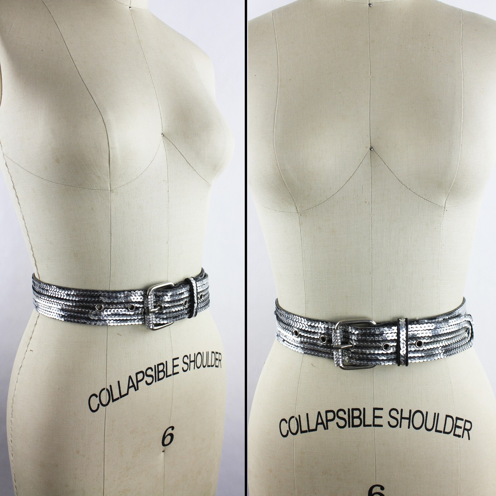 Silver Sequin Covered Vinyl Belt With Rhinestone Silver Buckle Size 34/ ...
