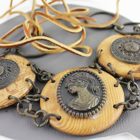 Wood & Brass Cameo Chain Belt / Victorian Inspired Me… - Gem