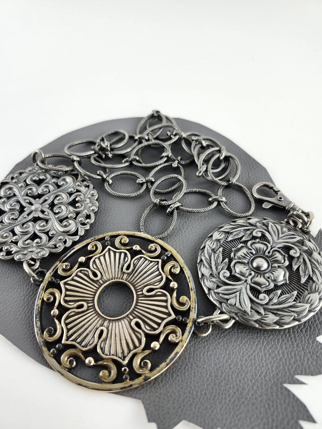 Pewter & Brass Medallion and Chain Draping Vintage Belt / Chunky Chain ...