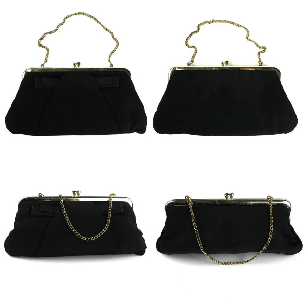 Vintage Black Crepe Purse With Bow & Chain Strap - Etsy