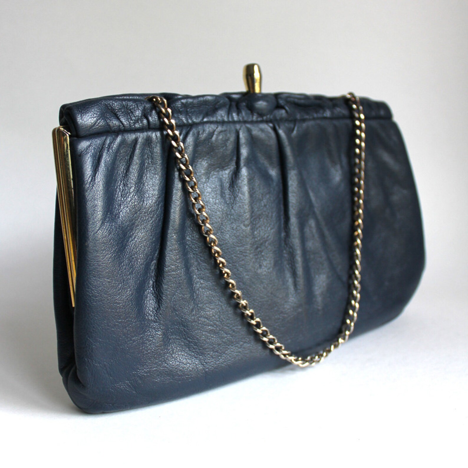 Vintage Midnight Blue Leather Ruffle Purse or Clutch With Convertible ...
