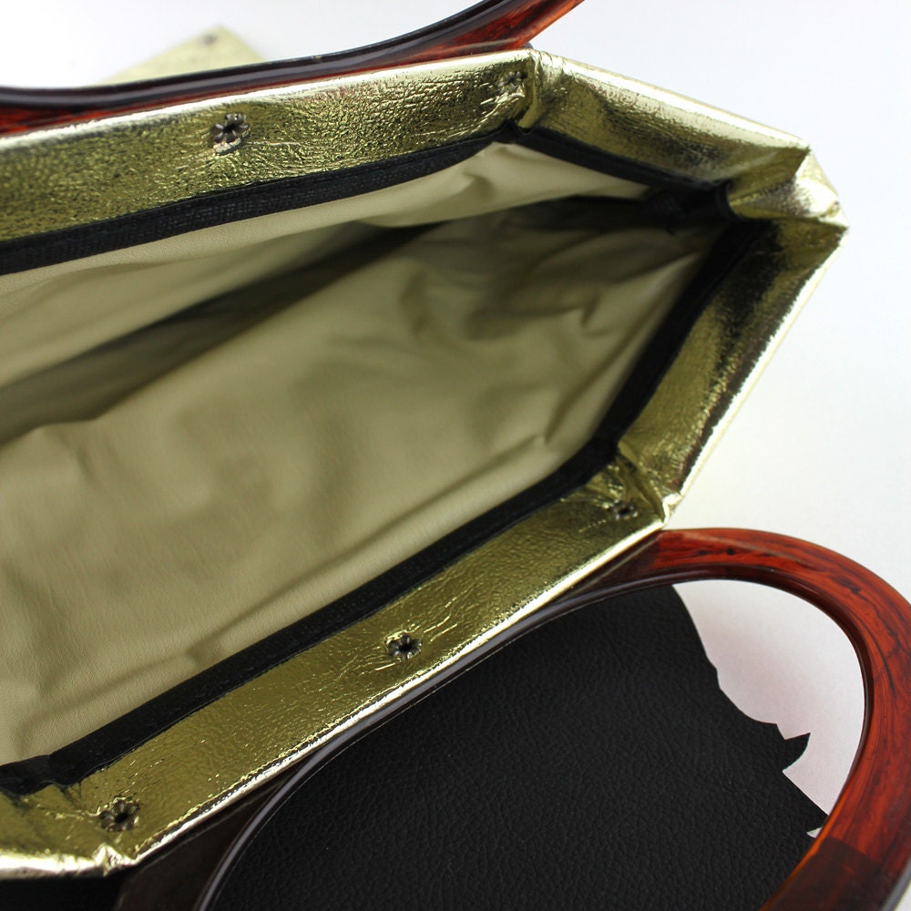 Shiny Gold Vintage Vinyl Expandable Handbag With Plastic Tortoise Shell ...