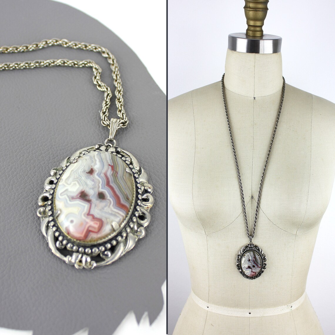 Red Gray White Geode Stone Set in Silver Necklace - Etsy