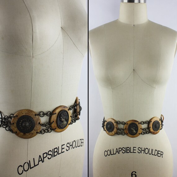 Wood & Brass Cameo Chain Belt / Victorian Inspired Me… - Gem