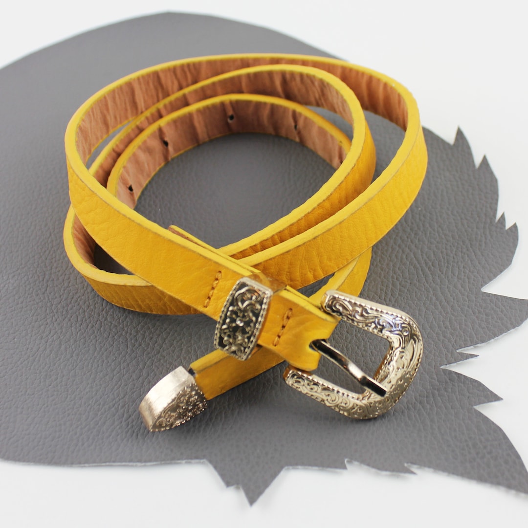 Vintage Mustard Yellow Thin Leather Belt With Gold Buckle and Belt End ...