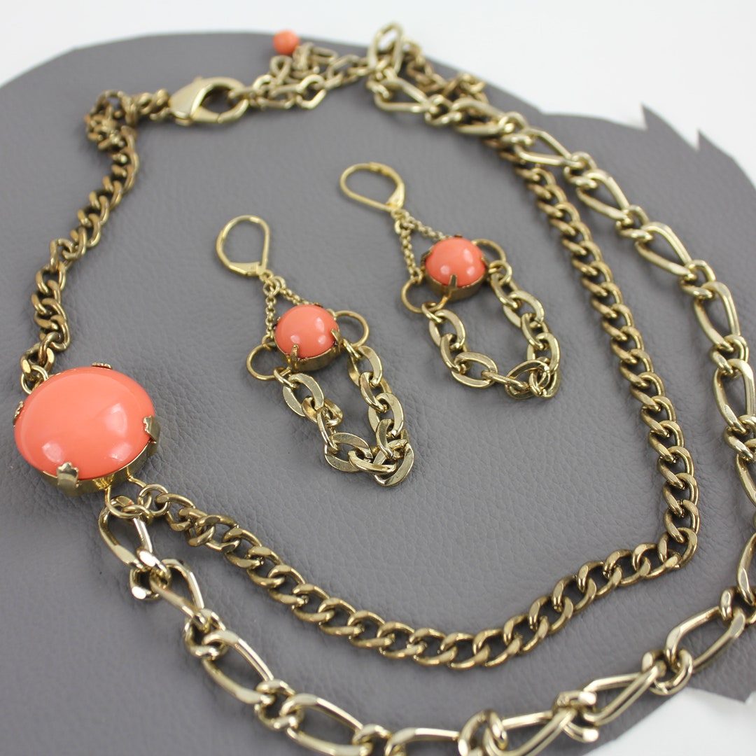 Asymmetrical Double Gold Chain With Coral Orange Plastic Bead Vintage ...