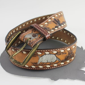 Brown Personalized "brad" Armadillo and Cactus Tooled Leather Vintage Belt Size 36 US - Etsy