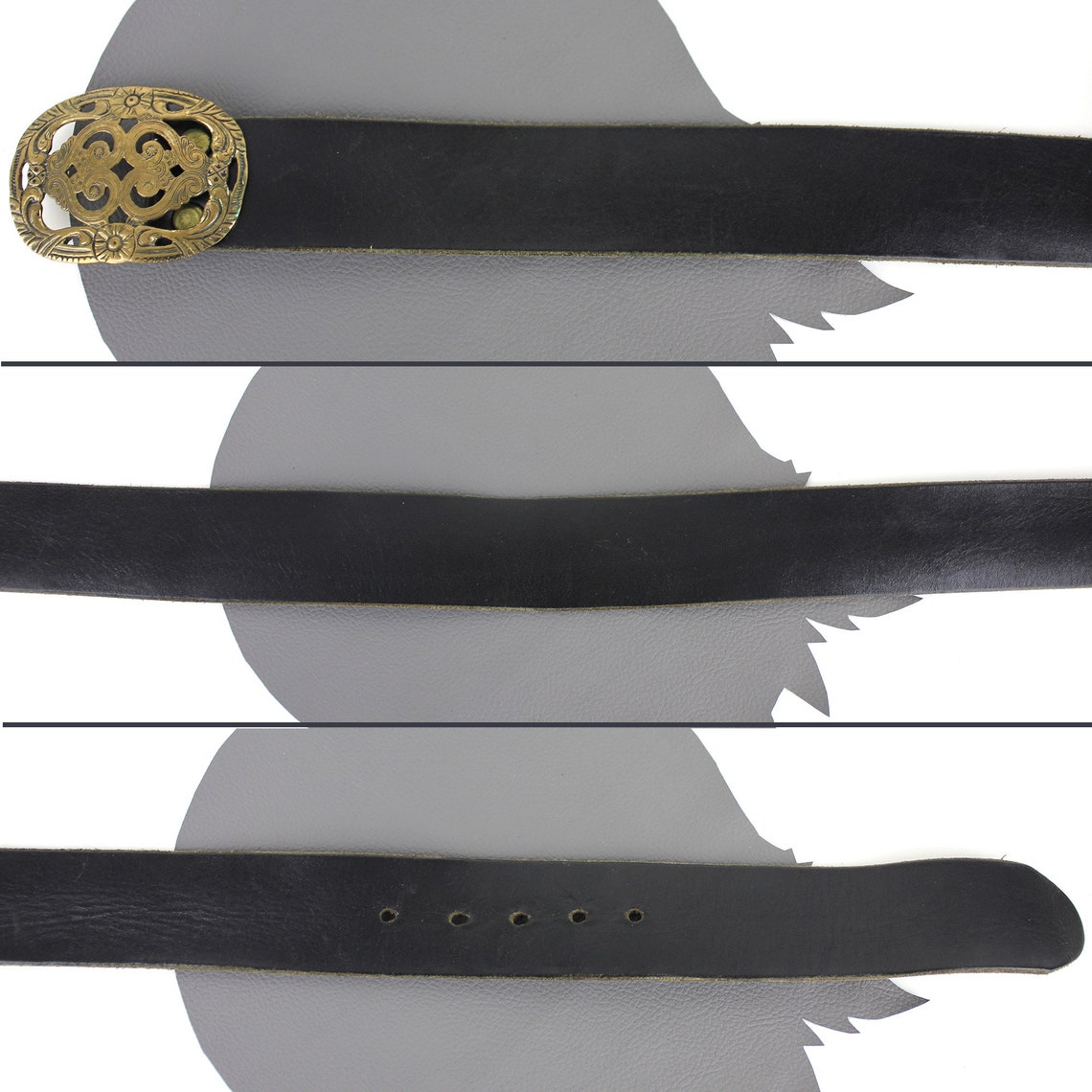 Brass Ornate Scroll Buckle on Black Leather Belt Size US 37 38 39 / Art ...