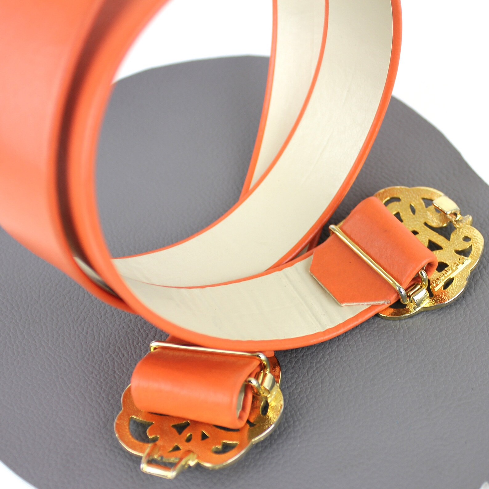 Sherbert Orange Vinyl Belt With Gold Scroll Buckle- Adjustable up to 35 ...