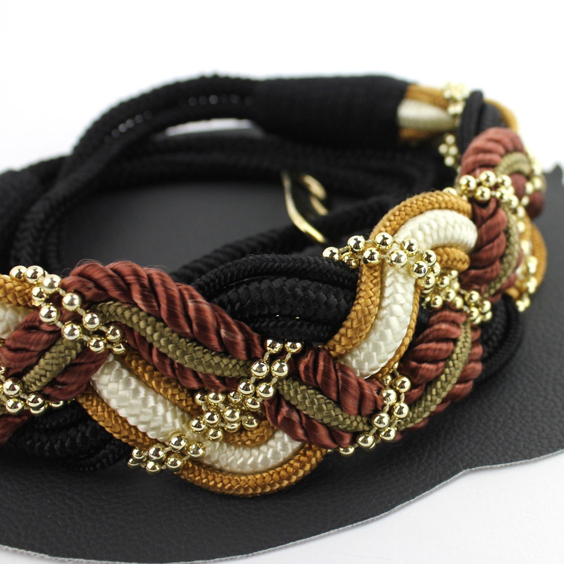 Brown Black Cream Army Green & Gold Braided Rope and Gold Beaded ...
