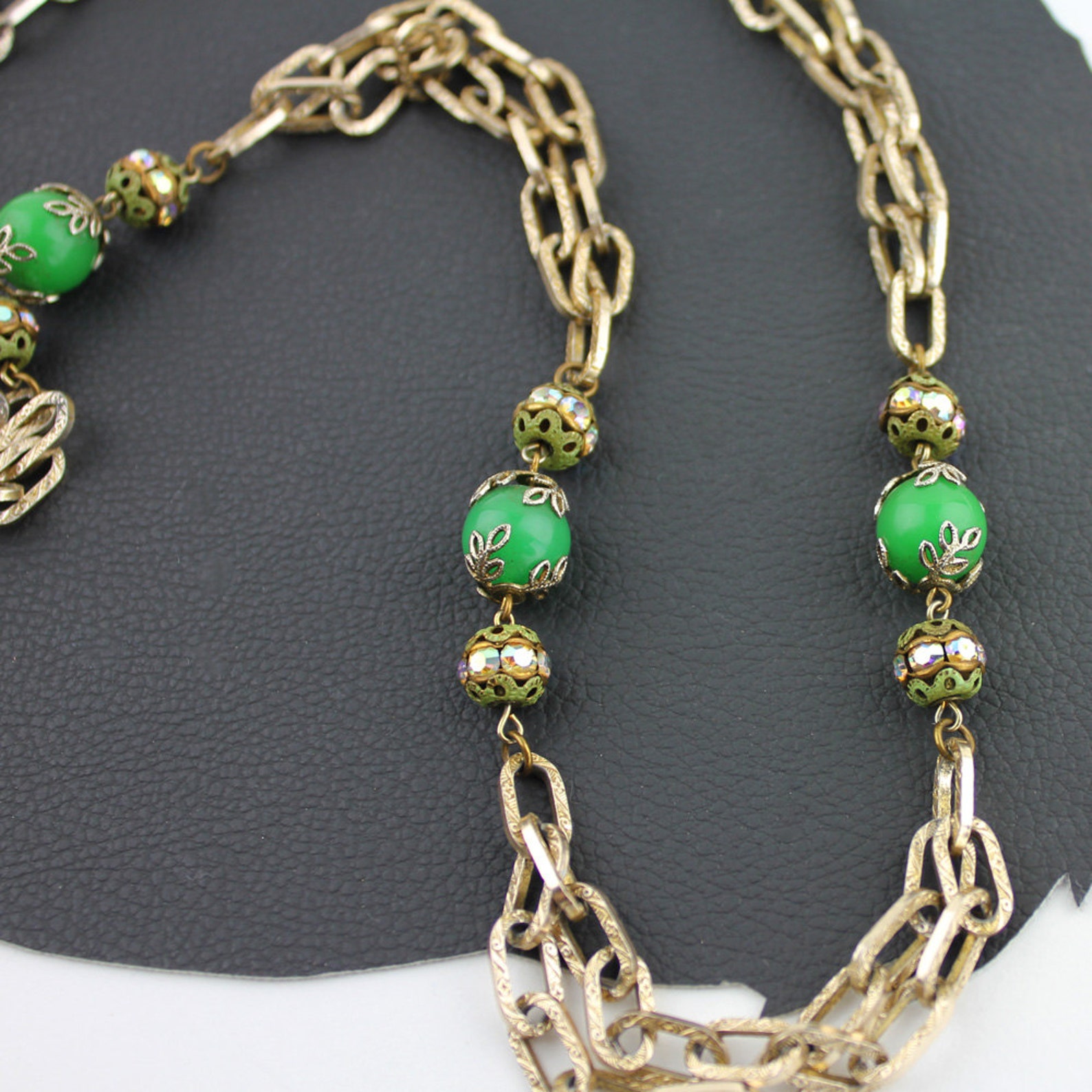 Vintage Green Beaded Rhinestone & Gold Chain Long Necklace - Etsy