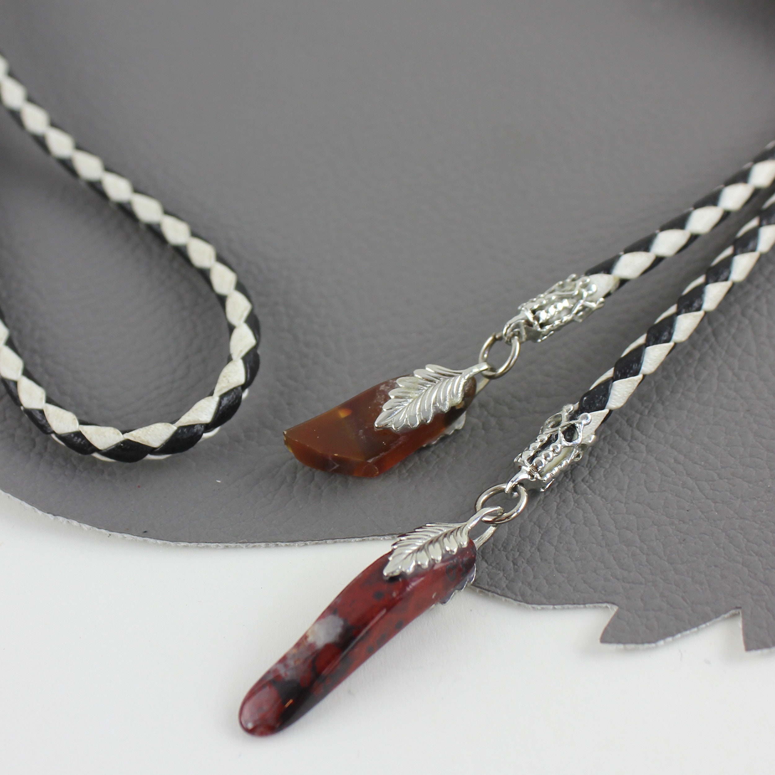 Silver Feather on Red Stone Bolo Tie / Black White Leather Cord Bolo ...