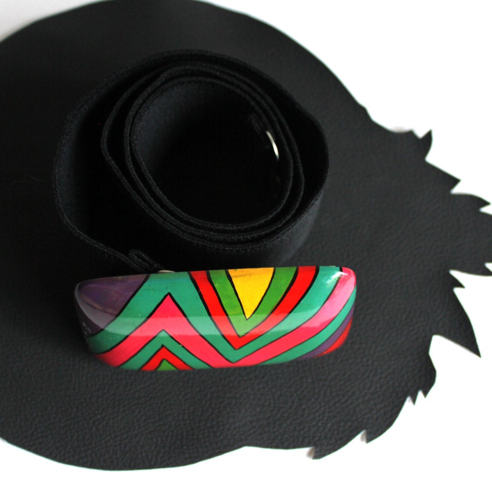 Vintage Rainbow Zigzag Painted Buckle on Black Elastic Belt - Etsy