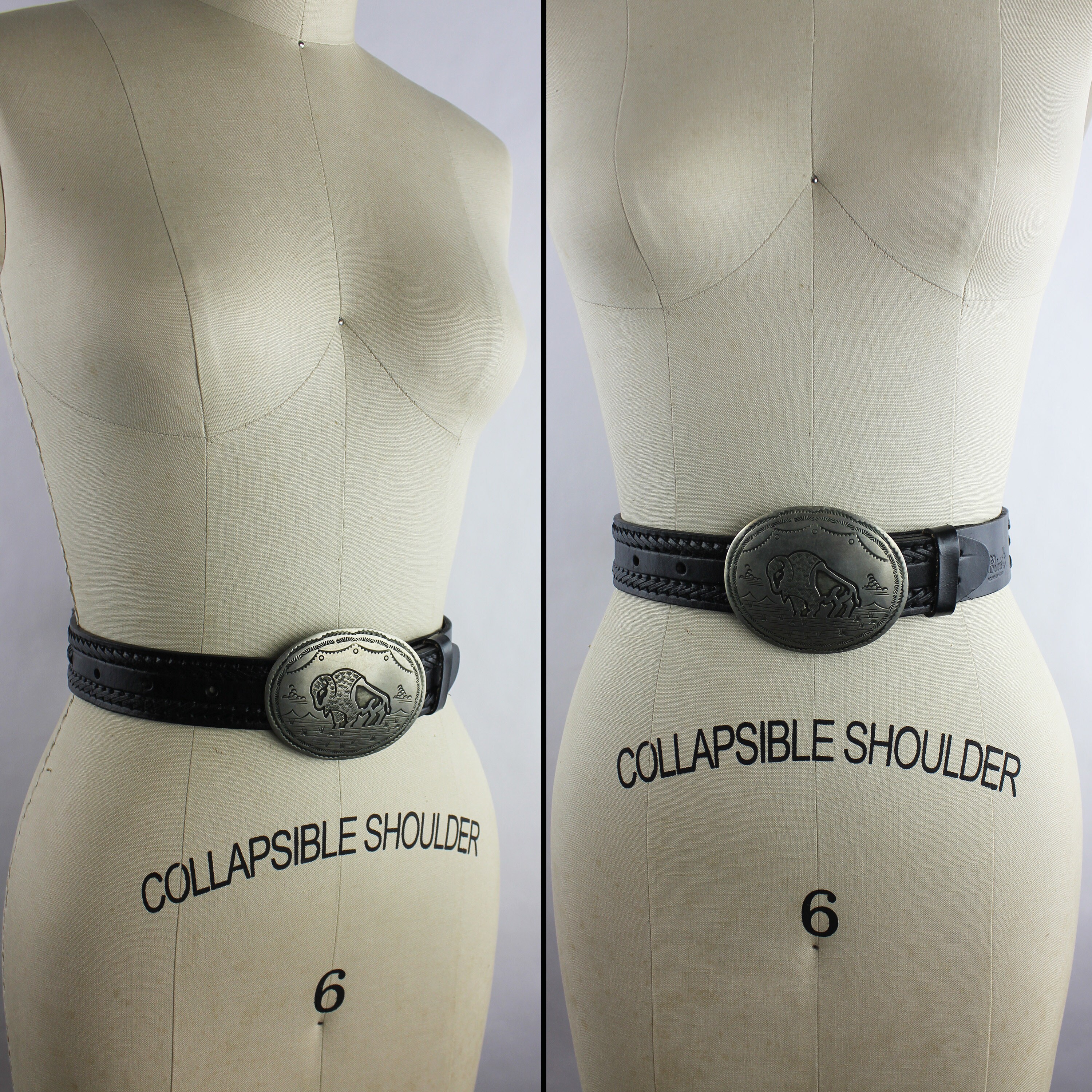 Large Silver Buffalo Buckle on Black Woven Leather Western Belt Size 41 ...