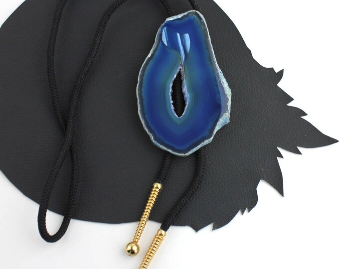 Blue Agate Stone Western Bolo Tie With Black Cord and Gold Colored ...