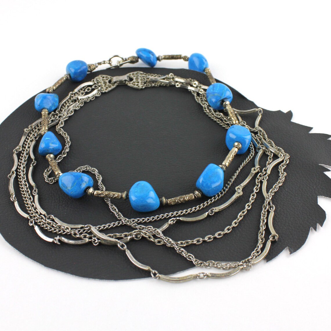 Blue Stone & Silver Multi Strand Chain Necklace Set / Blue Silver ...
