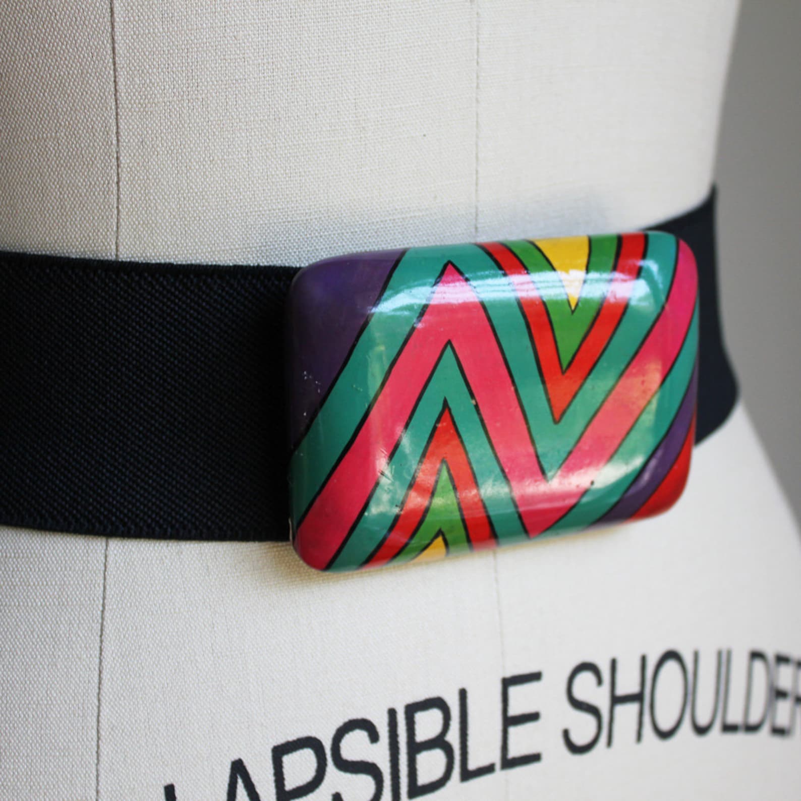 Vintage Rainbow Zigzag Painted Buckle on Black Elastic Belt - Etsy
