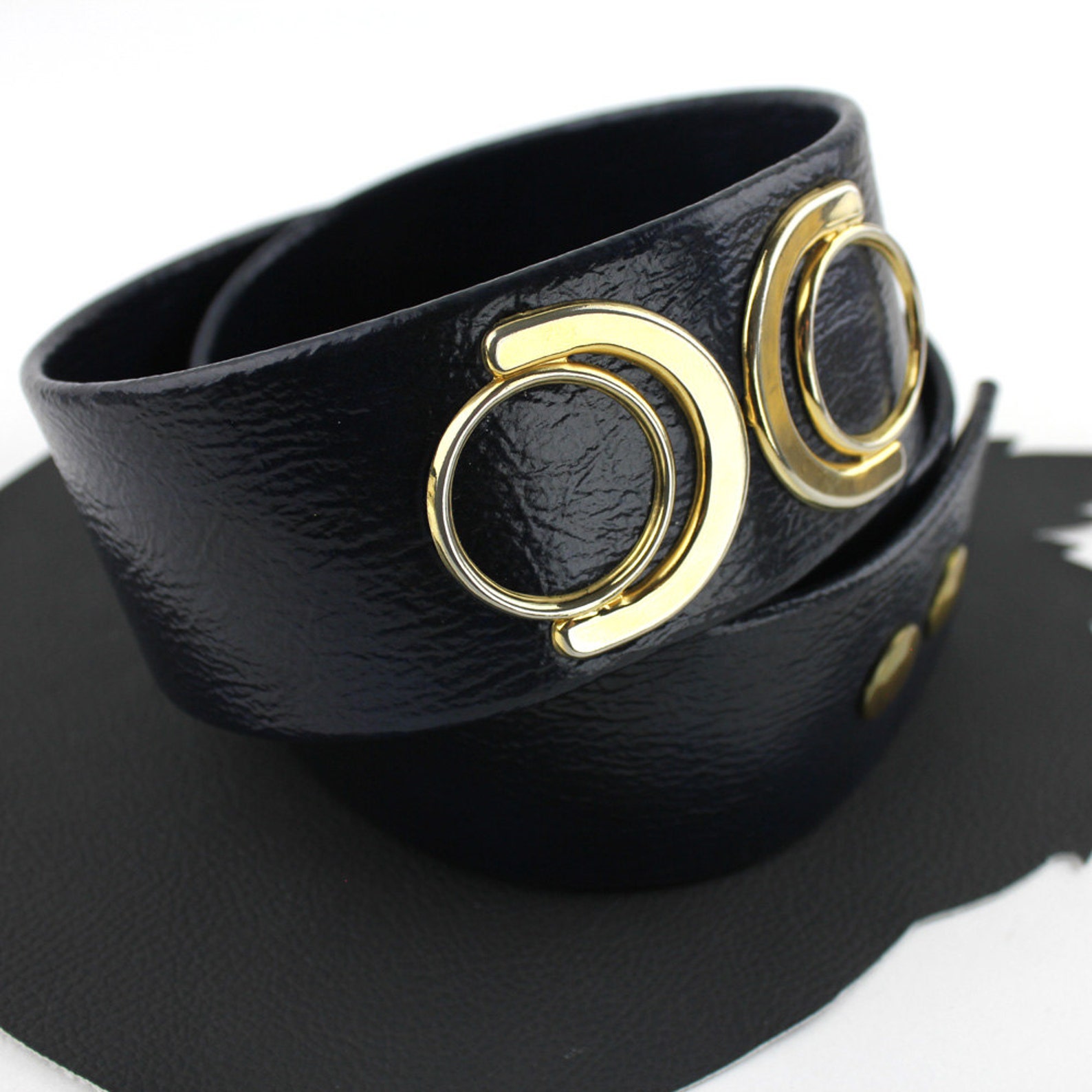Navy & Brass Patent Leather Vinyl Belt - Etsy