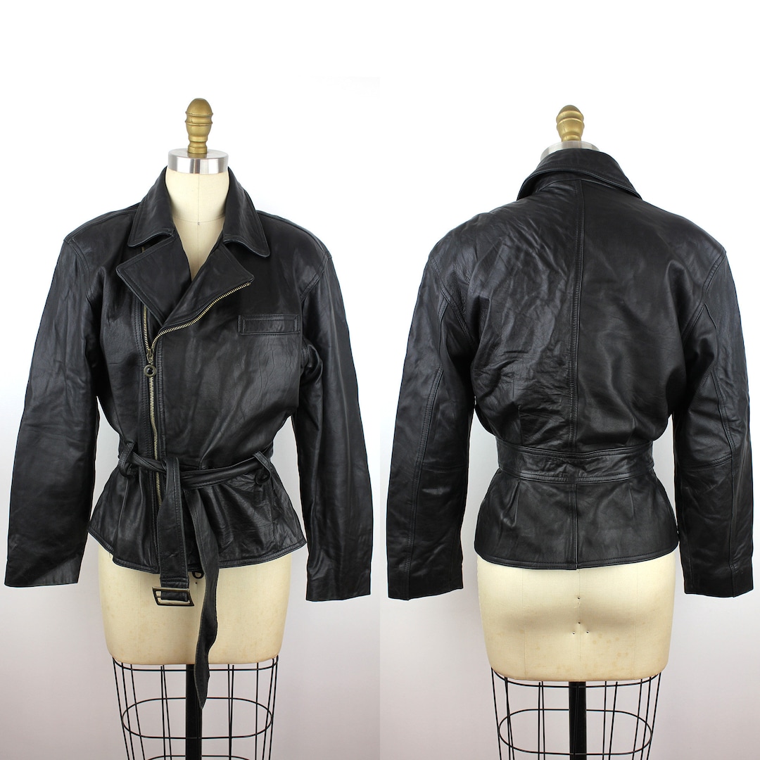 Vintage Black Leather Side Zip Belted Motorcycle Jacket - Etsy