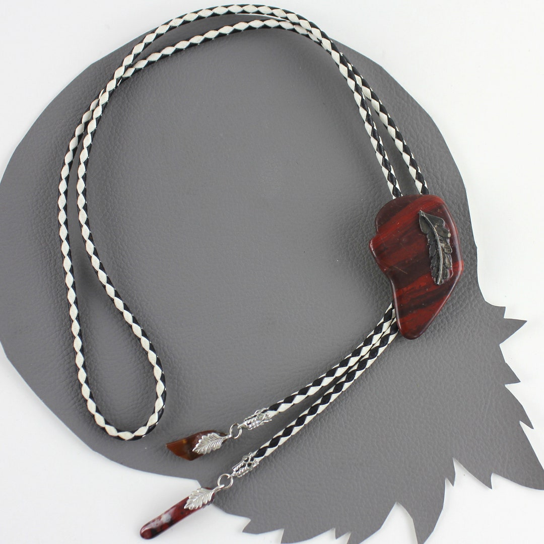 Silver Feather on Red Stone Bolo Tie / Black White Leather Cord Bolo ...