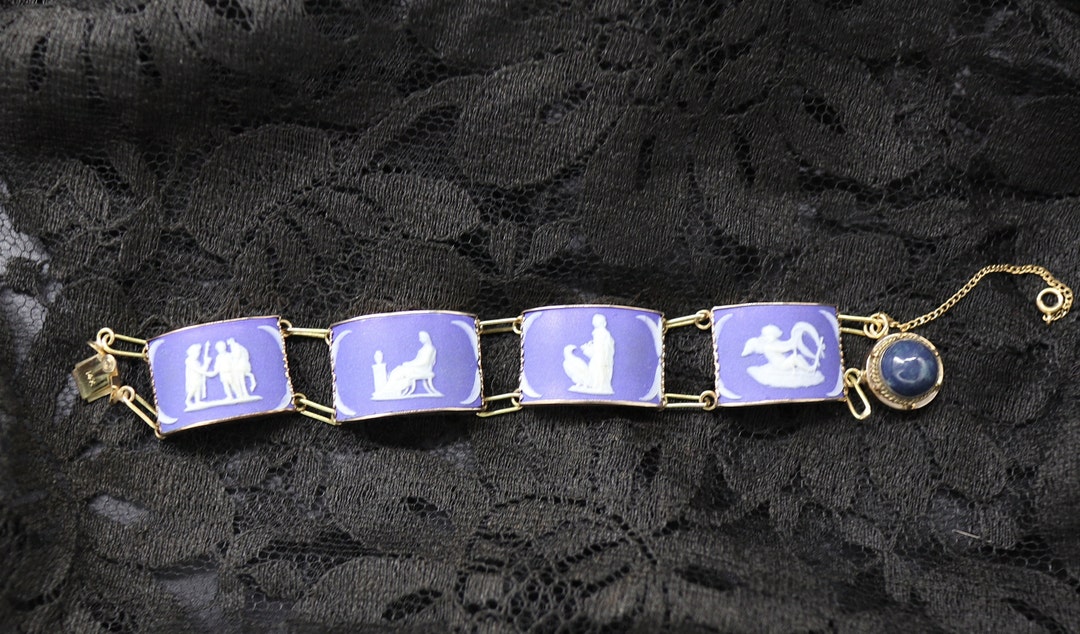 14kt & 18kt Gold Bracelet W Wedgwood Style Blue Bezel Set Curved Tiles ...